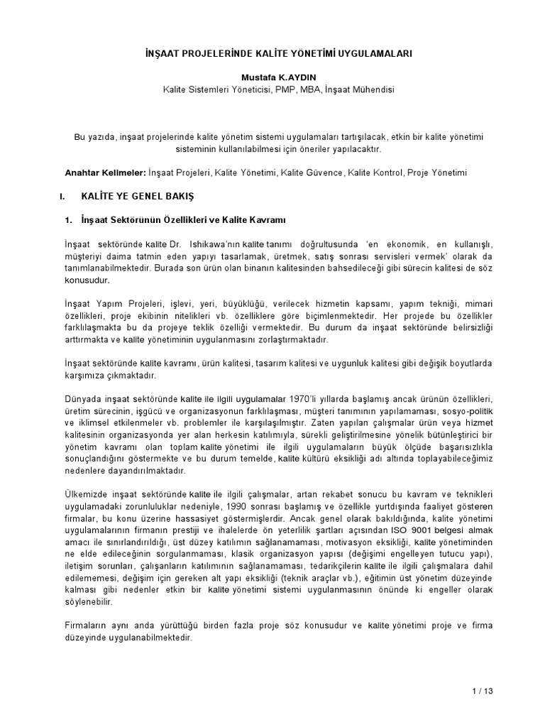 Insaat Projelerinde Kalite Yonetimi Uygulamalari | PDF Insaat Projelerinde Kalite Yonetimi Uygulamalari | PDF