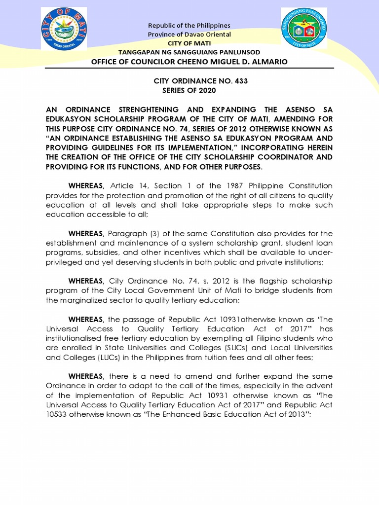 Office of Councilor Cheeno Miguel D. Almario | PDF | Tuition Payments ...