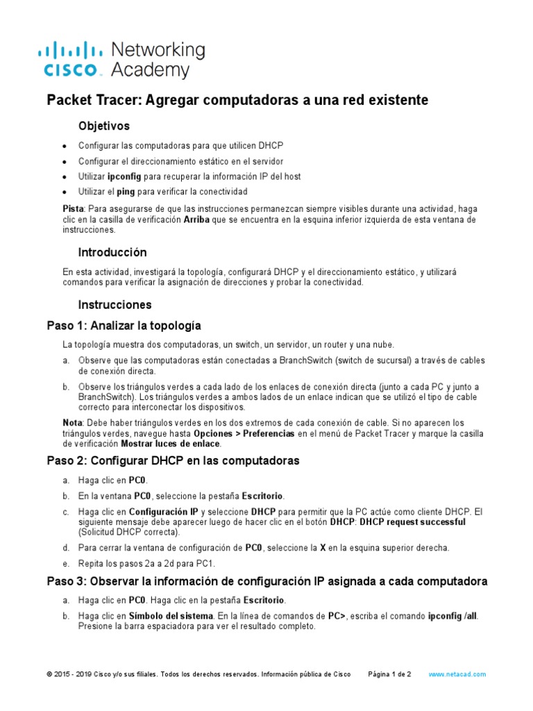 6.1.2.1 Packet Tracer - Add Computers To An Existing Network | PDF | Dirección IP | Transmisión ...