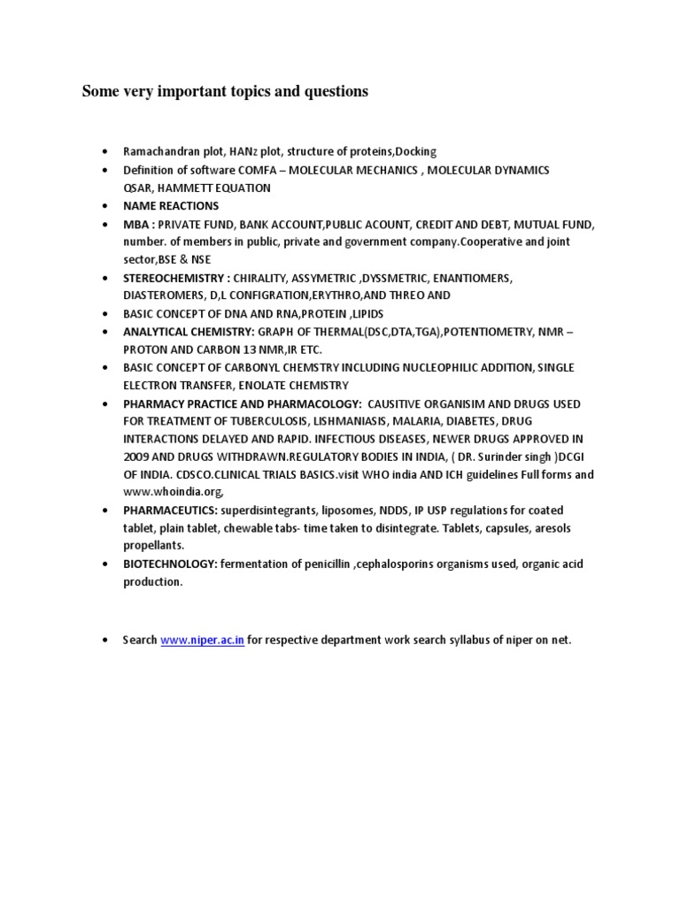 Some Very Important Topics and Questions: WWW - Niper.ac - in | PDF ...