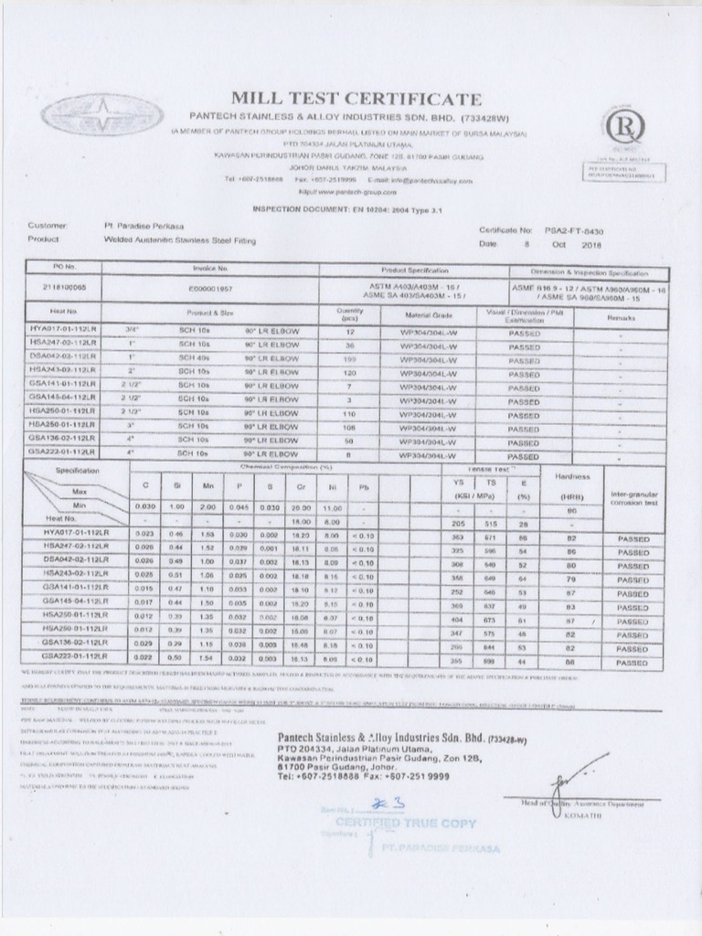 MilL Sertifikat Material Stainless Steel | PDF