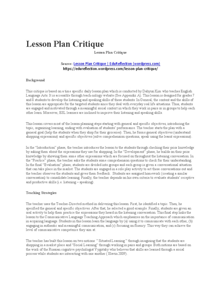 Lesson Plan Critique | Download Free PDF | Lesson Plan | Reading ...