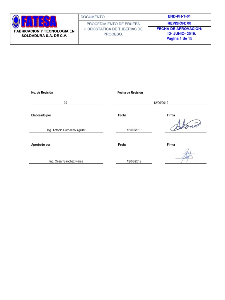 Procedimiento de PH para Tuberias Fatesa-Pht-01-2019. | PDF | Presión ...
