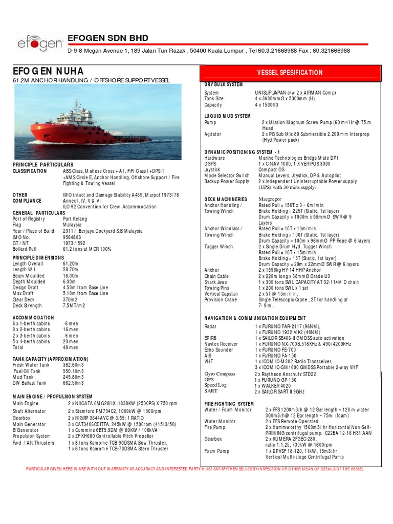 EfoGen Nuha Vessel Specifications | PDF | Marine Propulsion | Watercraft