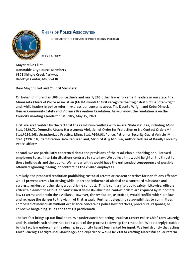 Brooklyn Center Letter From MCPA | PDF | Police | Law Enforcement Officer