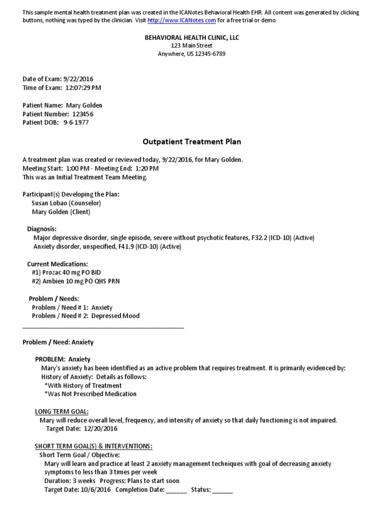 Sample Treatment Plan for Depression | PDF | Psychotherapy | Major ...