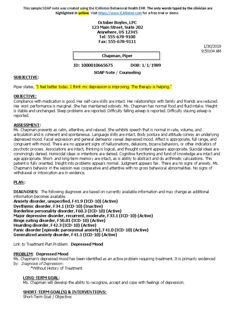 Counseling SOAP Note Depression Anxiety Sample | PDF | Mental Disorder ...