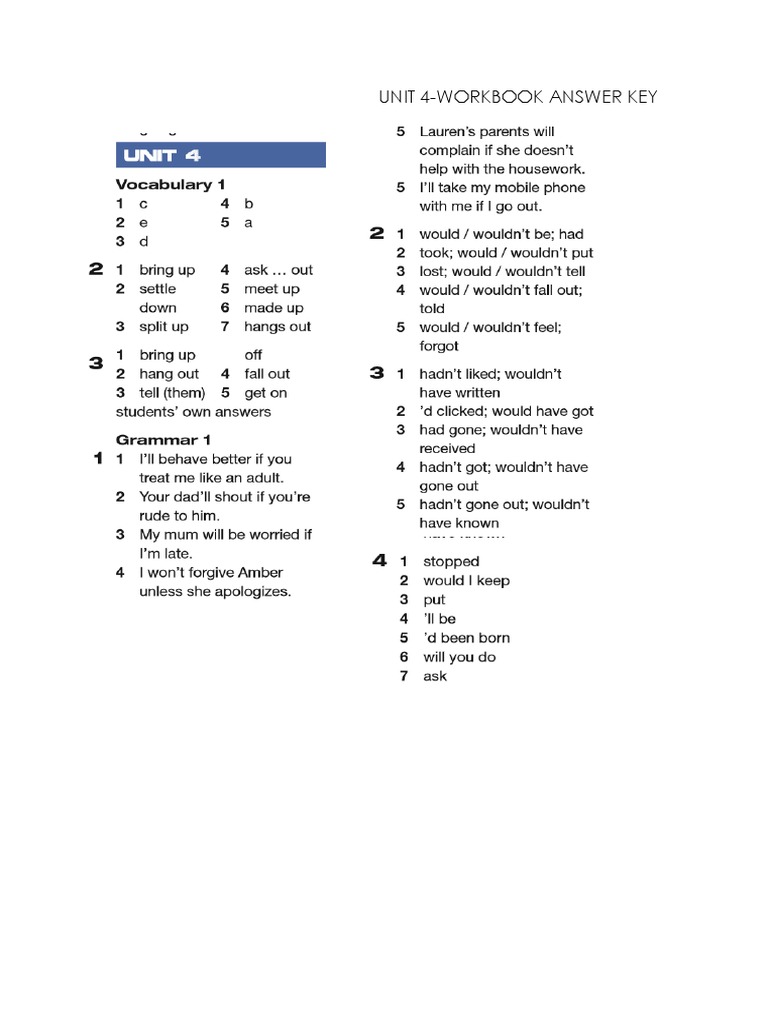 Unit 4 Workbook Answer Key | PDF