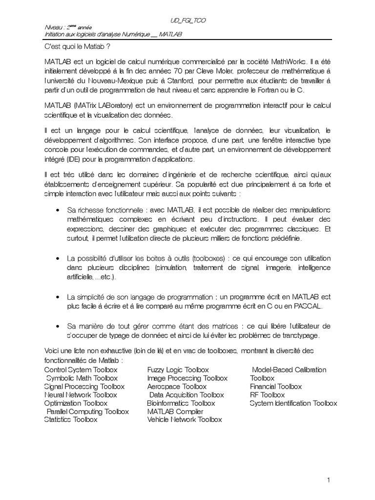 Intro - Chapitre 1 Matlab - 1 | PDF | Programme informatique ...