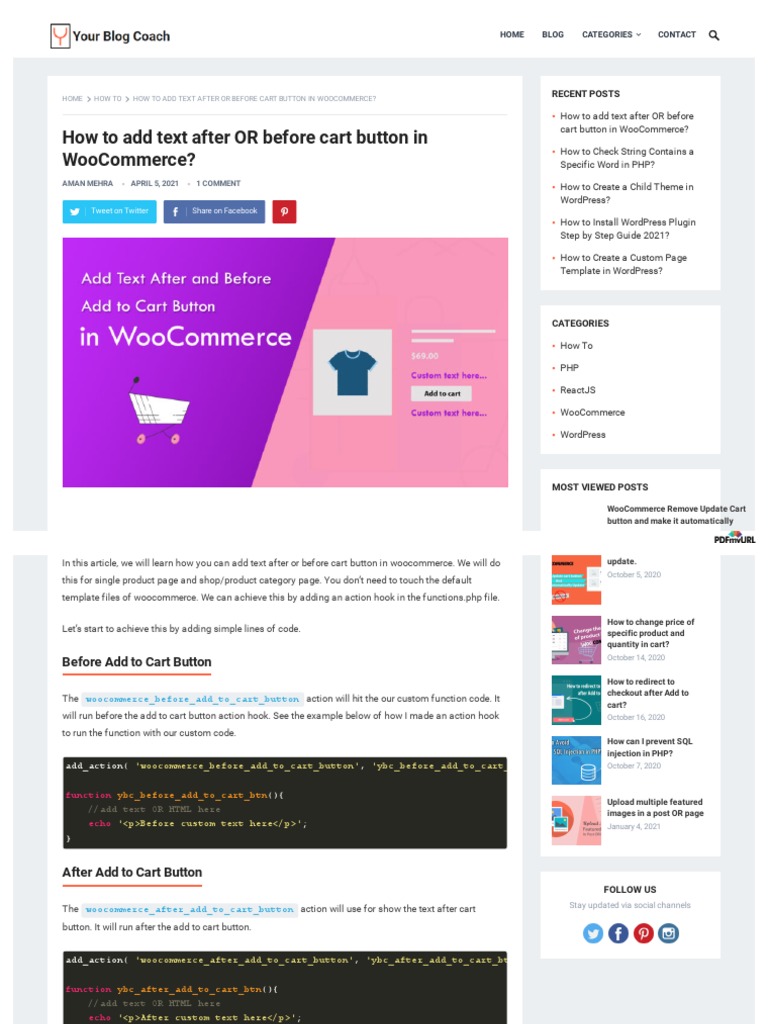 How To Add Text After or Before Cart Button in Woocommerce | PDF | Word ...