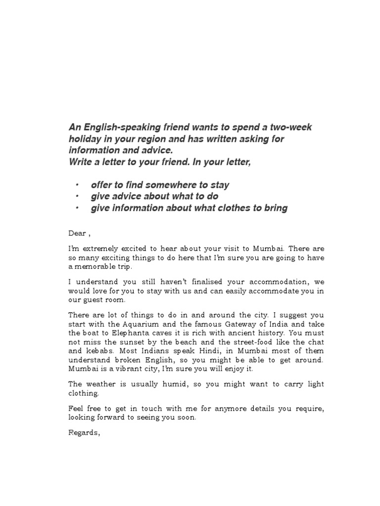 Letter English-Speaking Friend Wants To Spend A Two-Week Holiday | PDF