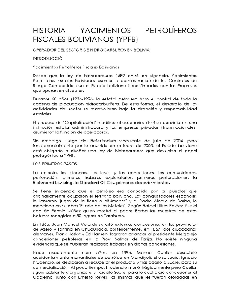 Ypfb Historia Completa | PDF | Bolivia | Petróleo