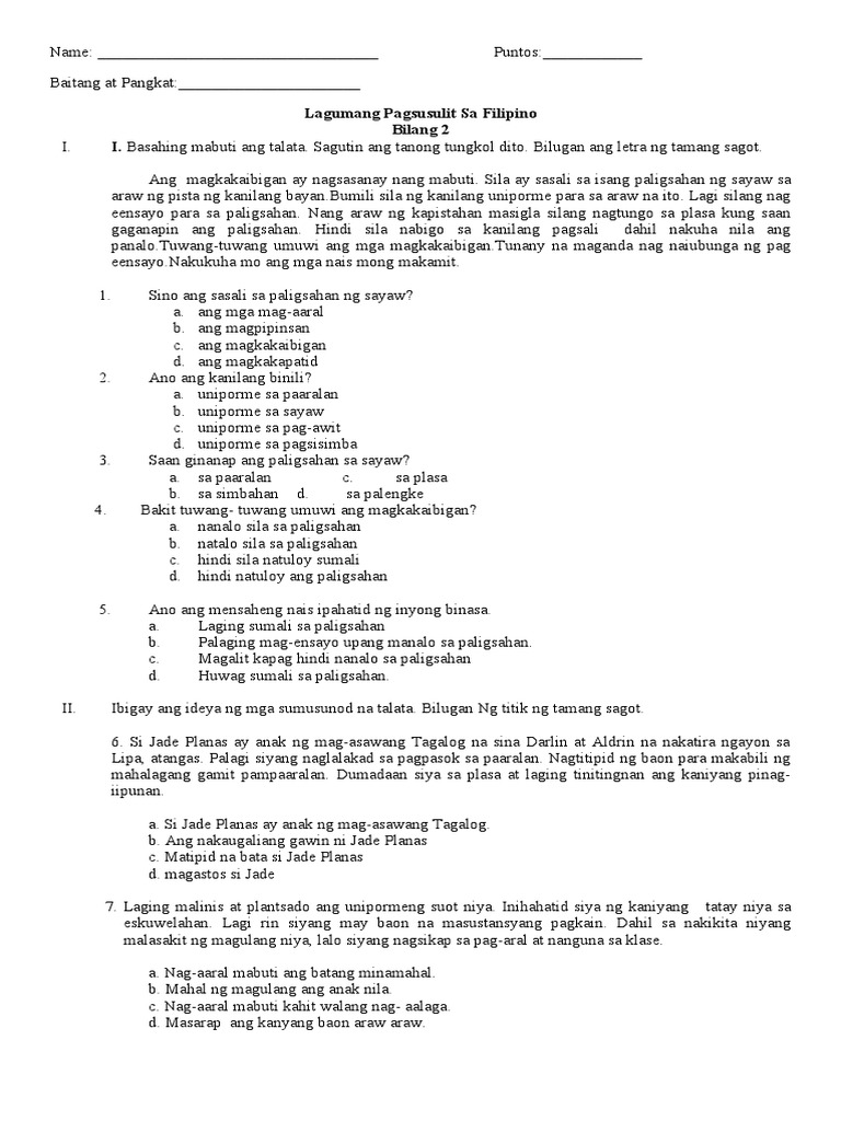 Summative Test # 2 in Filipino | PDF