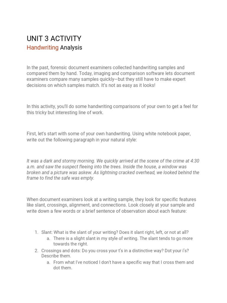 Handwriting Analysis Activity Guide | PDF | Forensic Science | Writing