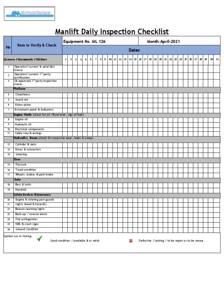 Manlift Daily Inspection Checklist | PDF | Tire | Manufactured Goods
