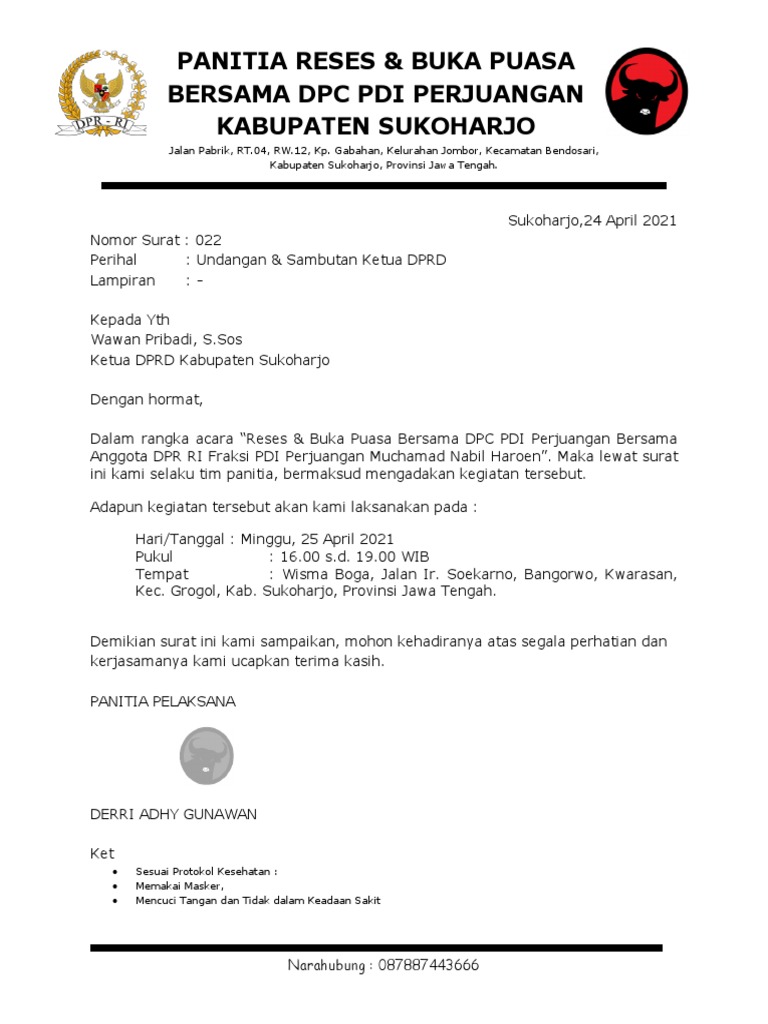 Surat Undangan & Pemberitahuan (Reses DPC) 25.04.2021 | PDF