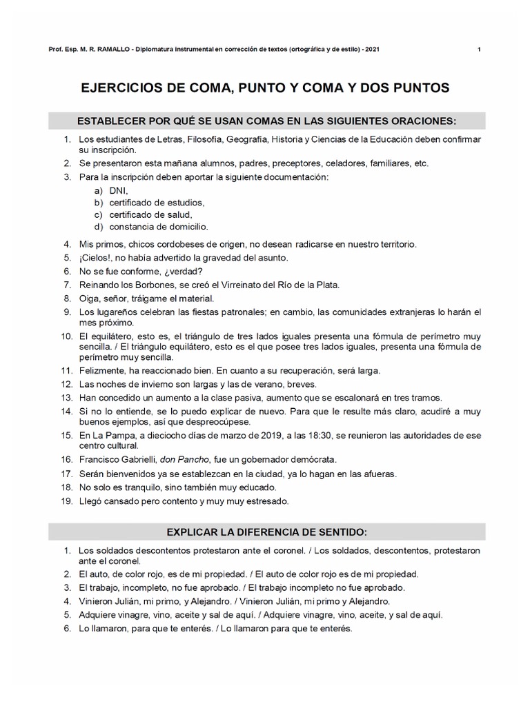 Ejercicios de Coma, Punto y Coma y Dos Puntos 2021 | PDF