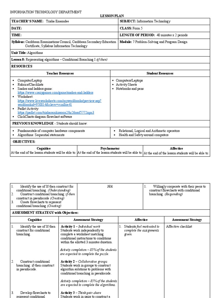 Lesson Plan | PDF | Algorithms | Lesson Plan