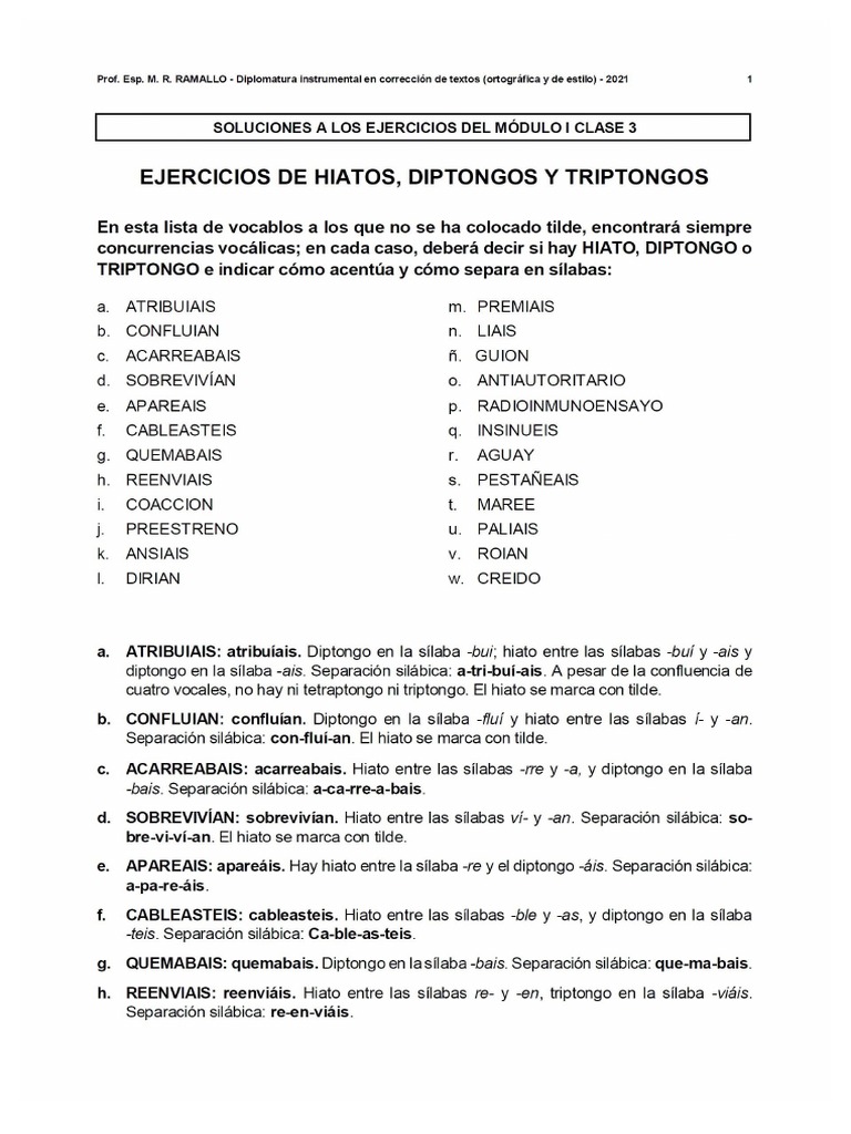 I. SOLUCIONES PARA EJERCICIOS DE HIATOS, DIPTONGOS Y TRIPTONGOS 2021