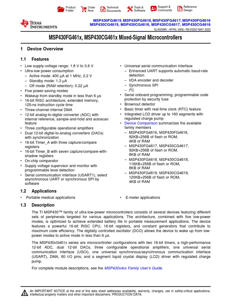 MSP430FG461x, MSP430CG461x Mixed-Signal Microcontrollers: 1 Device Overview | PDF | Electronic ...