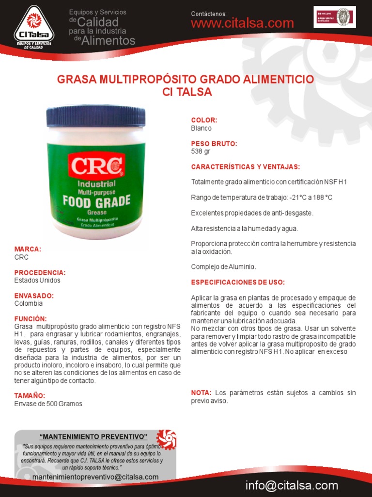 Grasa Multiproposito CRC Food Grade | PDF | Alimentos | Sustancias químicas