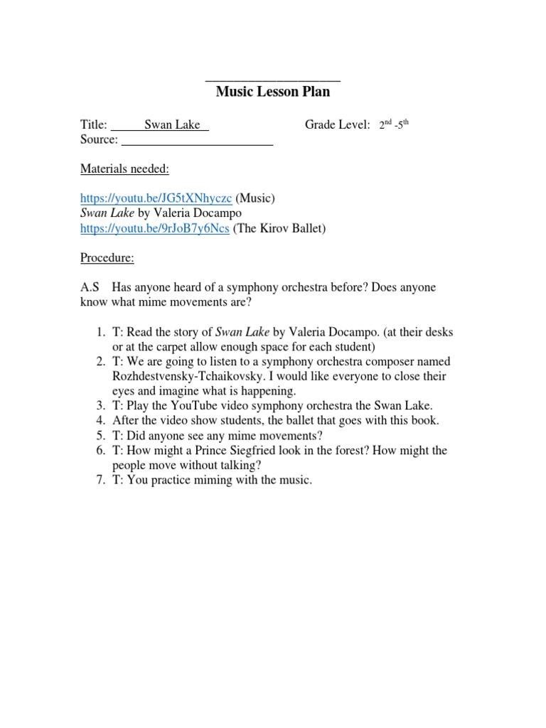 Swan Lake Lesson Plan 1 PDF | PDF | Performing Arts | Psychological ...