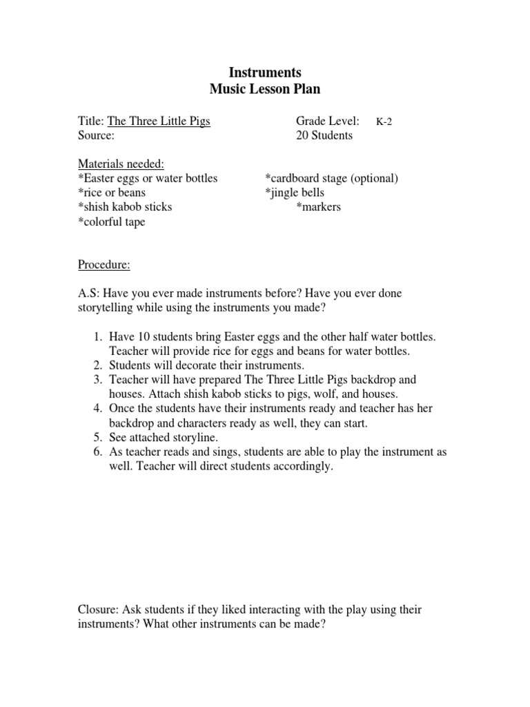 Instruments Music Lesson Plan | PDF | Lesson Plan | Teachers