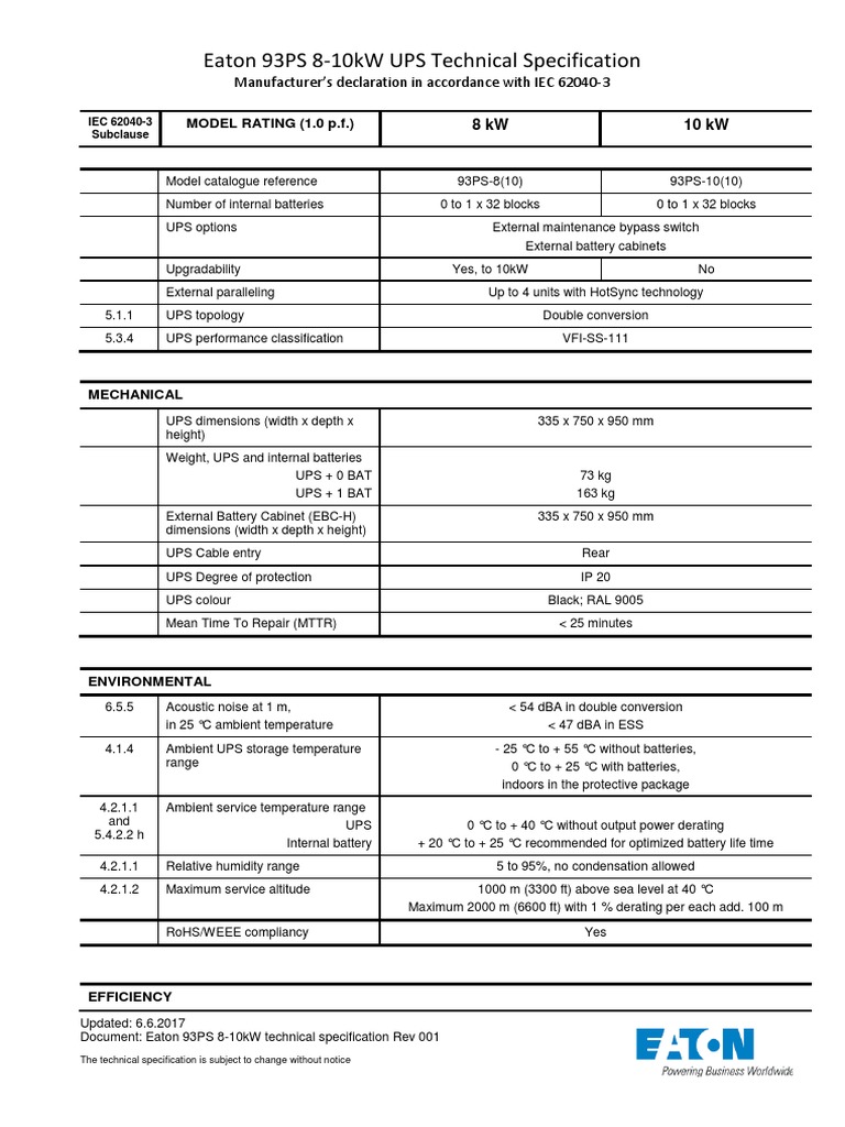 Eaton 93ps 8 10 KW Technical Specification Rev001 en | PDF | Rectifier ...