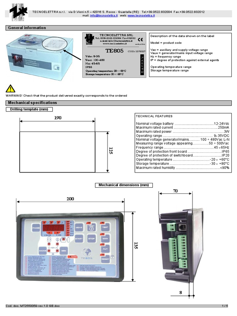 Control Panel TE805 Data Sheet | PDF | Mains Electricity | Electric ...
