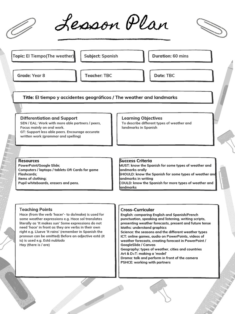 Lesson Plan - Spanish - Year 8 - The Weather | PDF | English Language ...
