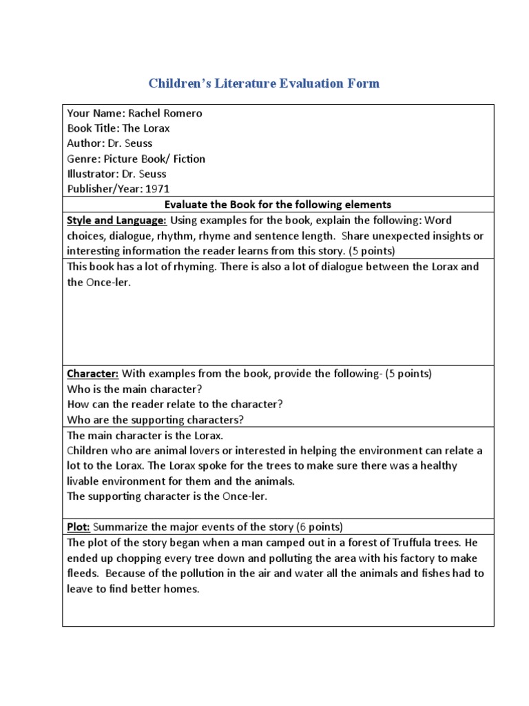 Children Literature Evaluation Form | PDF | Paintings | Books