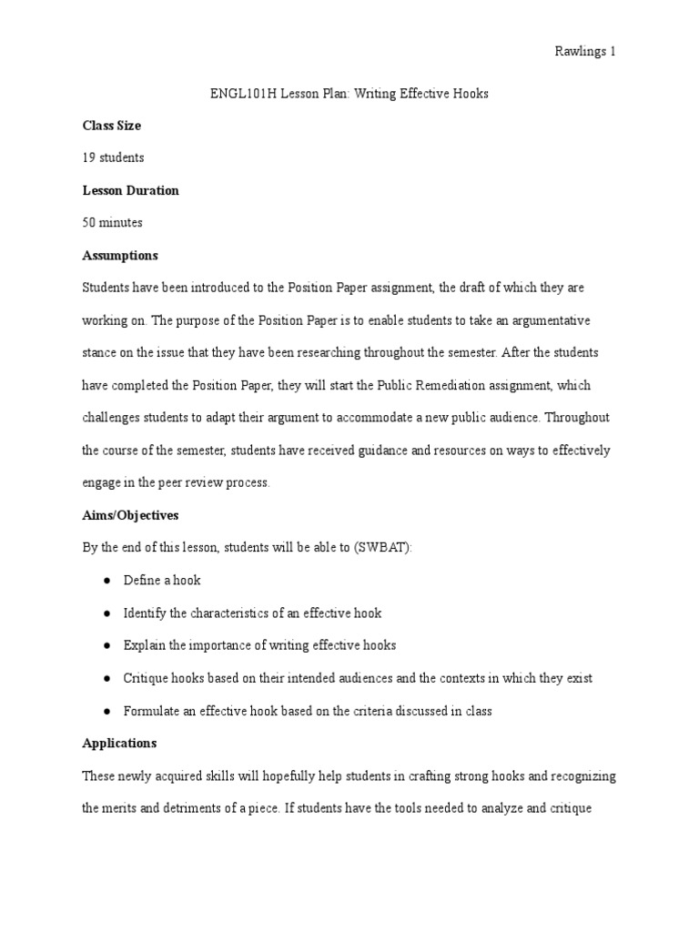 Writing Effective Hooks Lesson Plan | PDF | Question | Lesson Plan
