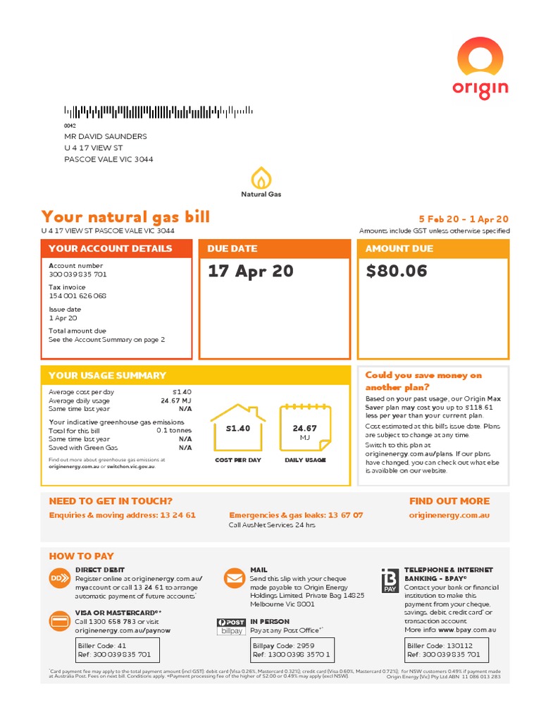 Origin Natural Gas Invoice - 300039835701 - 01042020 - 223135 | PDF ...