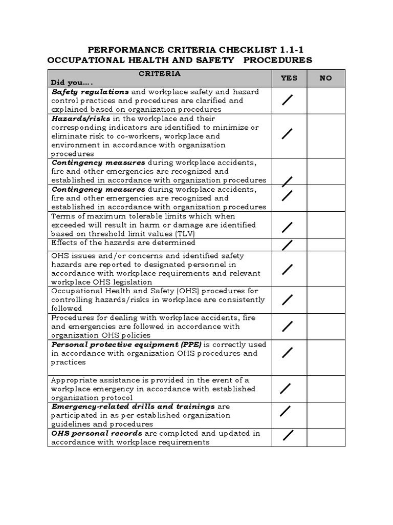 Performance Criteria Checklist 1.1-1 Occupational Health and Safety ...