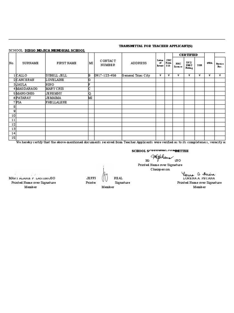 Transmittal For Teacher Applicant (S) Certified | PDF | Authentication | Access Control