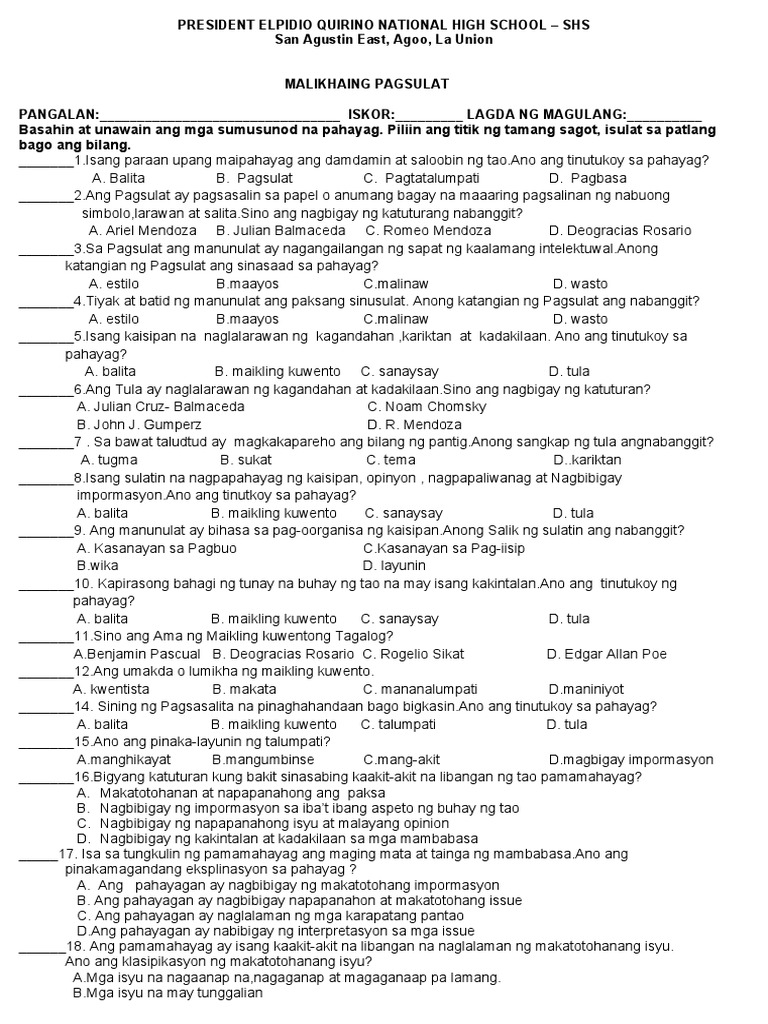 Malikhaing Pagsulat Exam | PDF