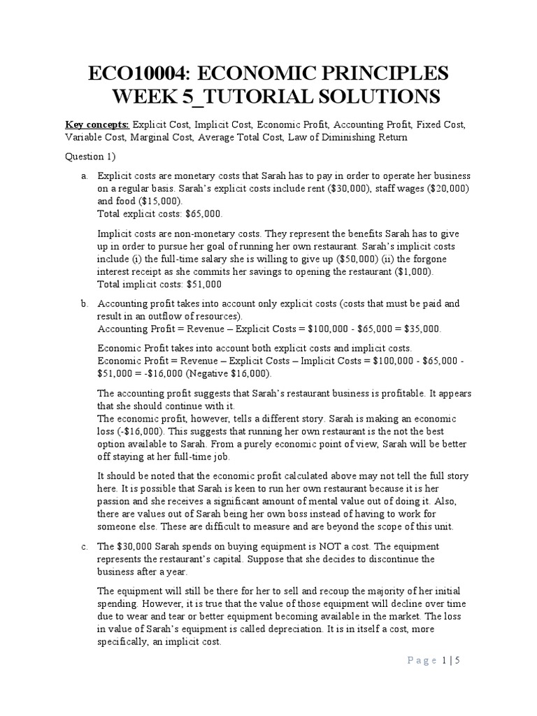 Eco10004: Economic Principles Week 5 - Tutorial Solutions | PDF | Average Cost | Marginal Cost