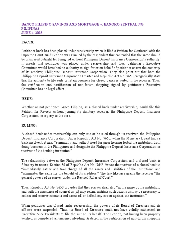 Banco Filipino Savings and Mortgage | PDF | Receivership | Banks