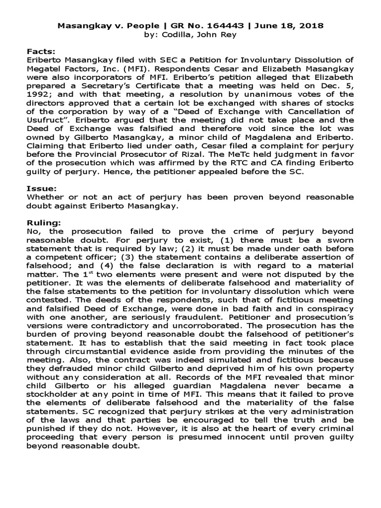 Criminal Law: Masangkay v. People - Case Digest - Codilla | PDF | Perjury | Burden Of Proof (Law)