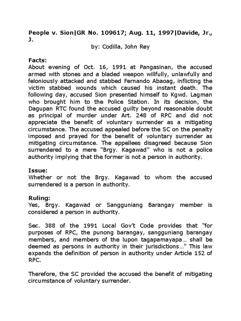 Criminal Law People v. Sion Case Digest - Codilla | PDF