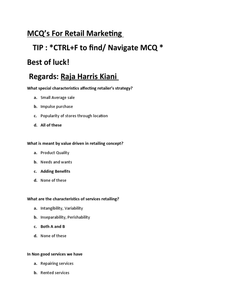 MCQ's Retail Marketing | PDF | Retail | Pricing