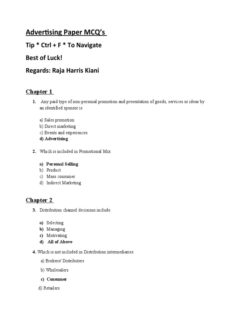 Advertising Paper MCQ New Updated File | PDF | Marketing Communications ...