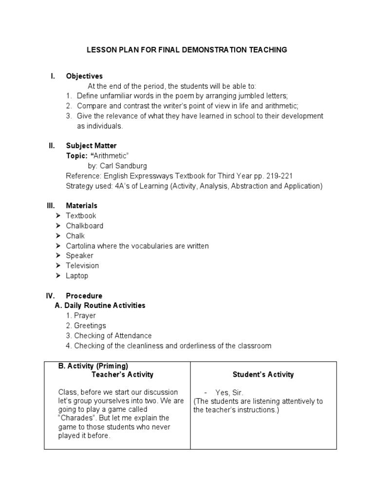 LESSON PLAN FOR FINAL DEMONSTRATION TEACHING