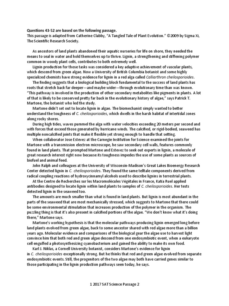 2017 SAT Questions Reading With Answers Science 2 1 1 | PDF | Algae ...