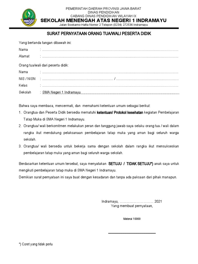 Surat Pernyataan Used KBM Tatap Muka SMAN 1 Indramayu | PDF