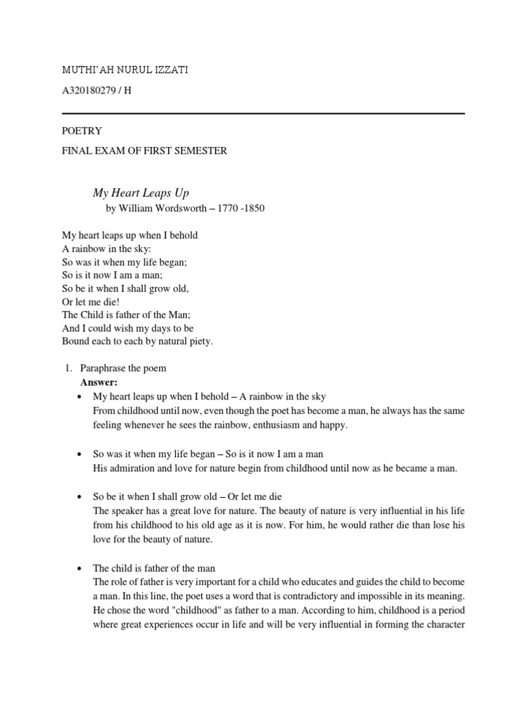 My Heart Leaps Up: Answer | PDF | Poetry