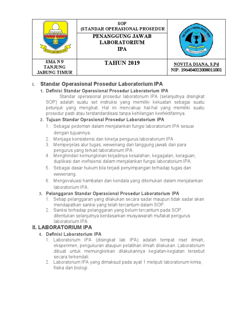 Sop Kepala Laboratorium Ipa | PDF