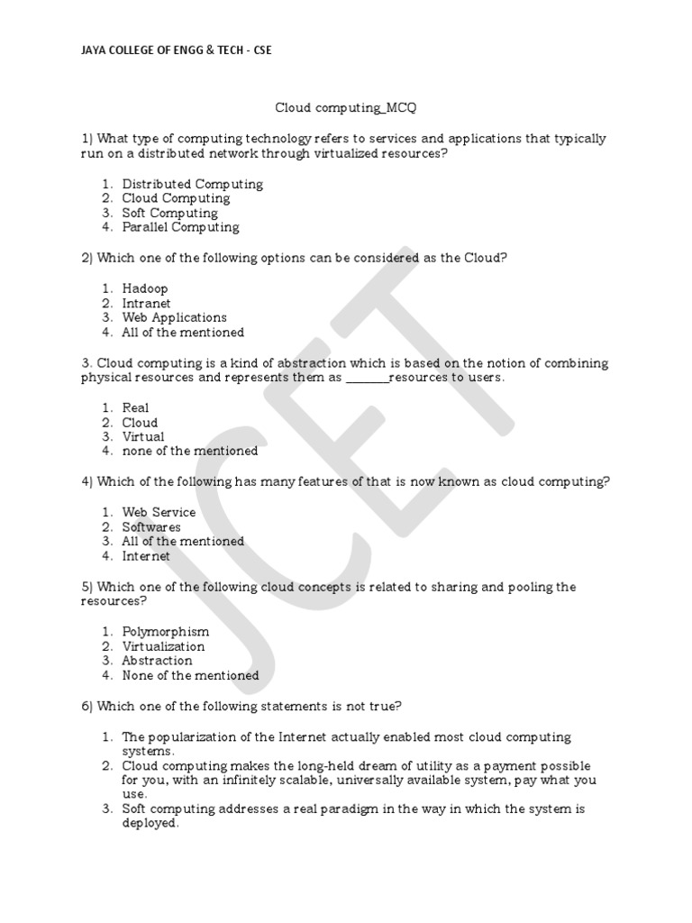 Cloud Computing - MCQ - ANSWERS | PDF | Platform As A Service | Cloud Computing