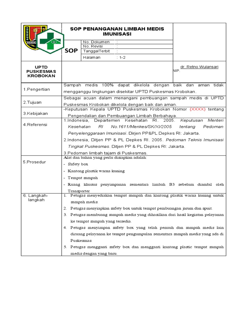 Sop Penanganan Limbah Medis Imunisasi | PDF