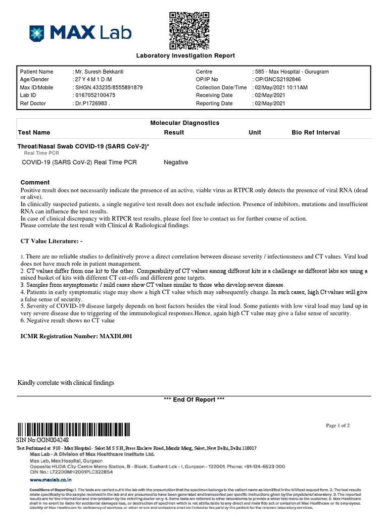 A Comprehensive Laboratory Investigation Report on COVID-19 Testing and ...